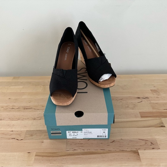 Toms | Shoes | Toms Size Open Toe Black Wedge Heels New In Box | Poshmark